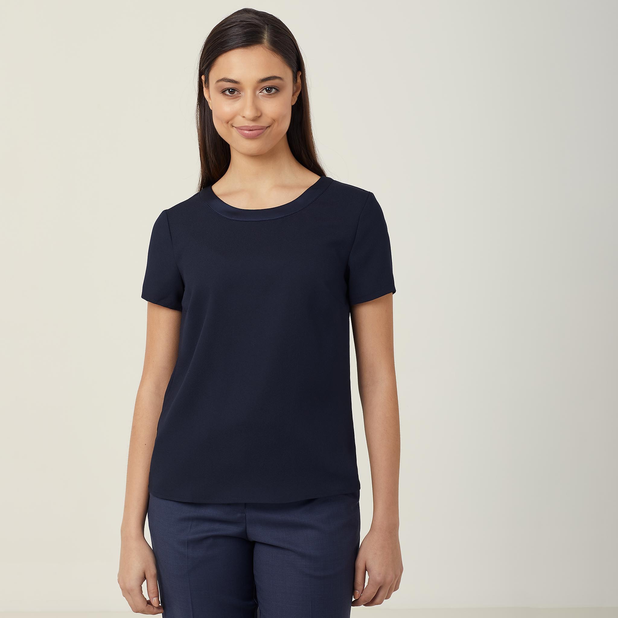 Satin Back Crepe Short Sleeve Shell Top, navy | NNT Uniforms