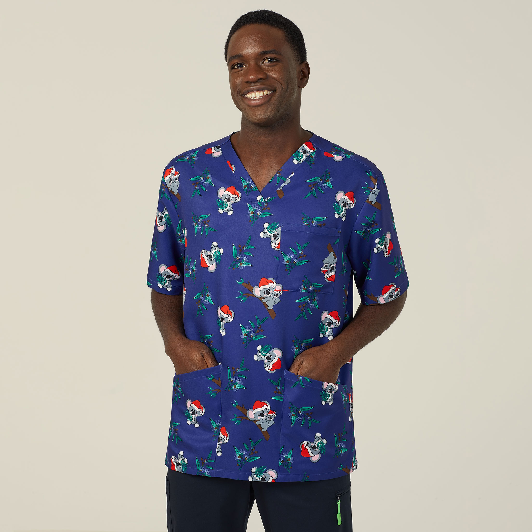 Festive Santa Koala Print Scrub Top, navy | NNT Uniforms