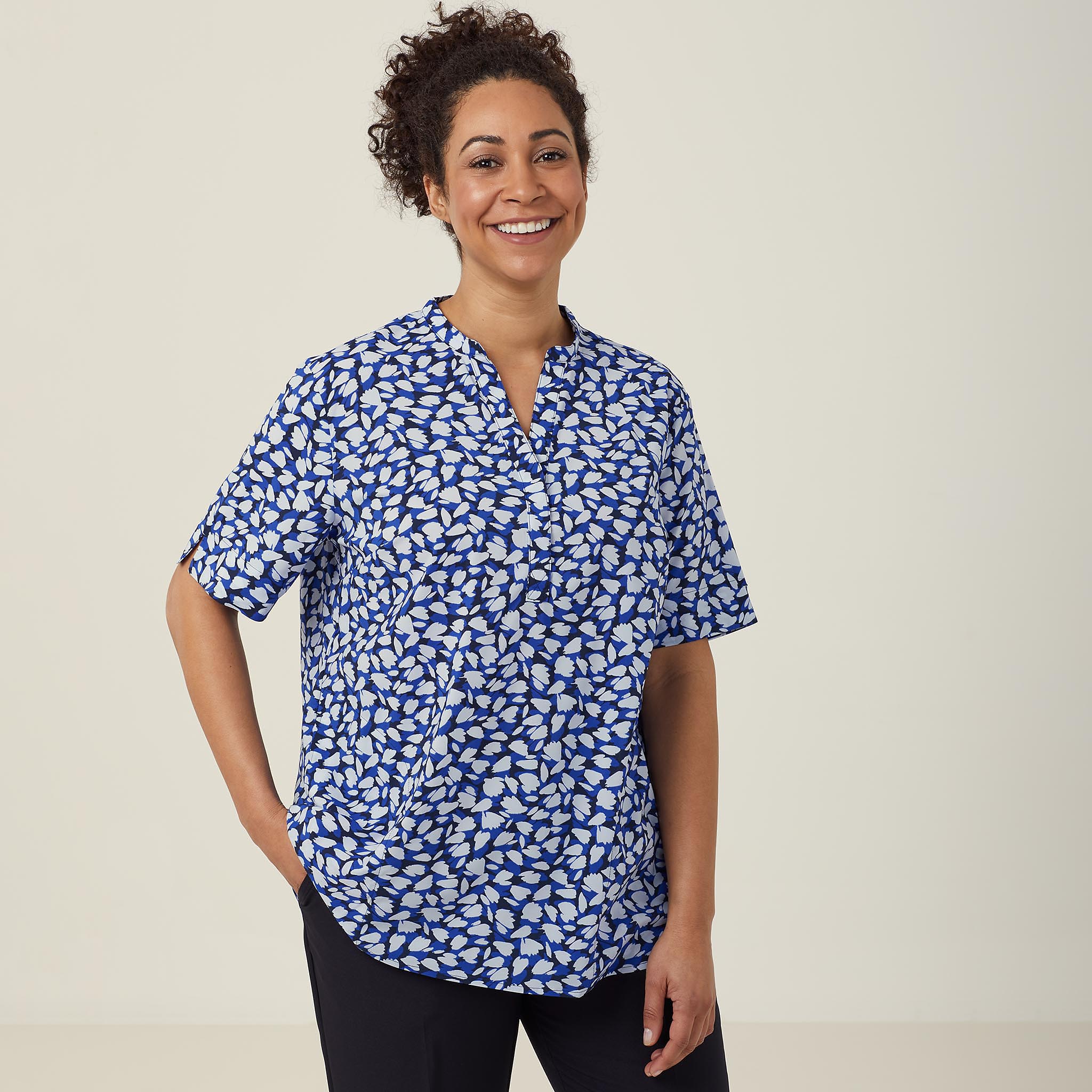 Antibacterial Petal Print Short Sleeve Tunic, blue | NNT Uniforms