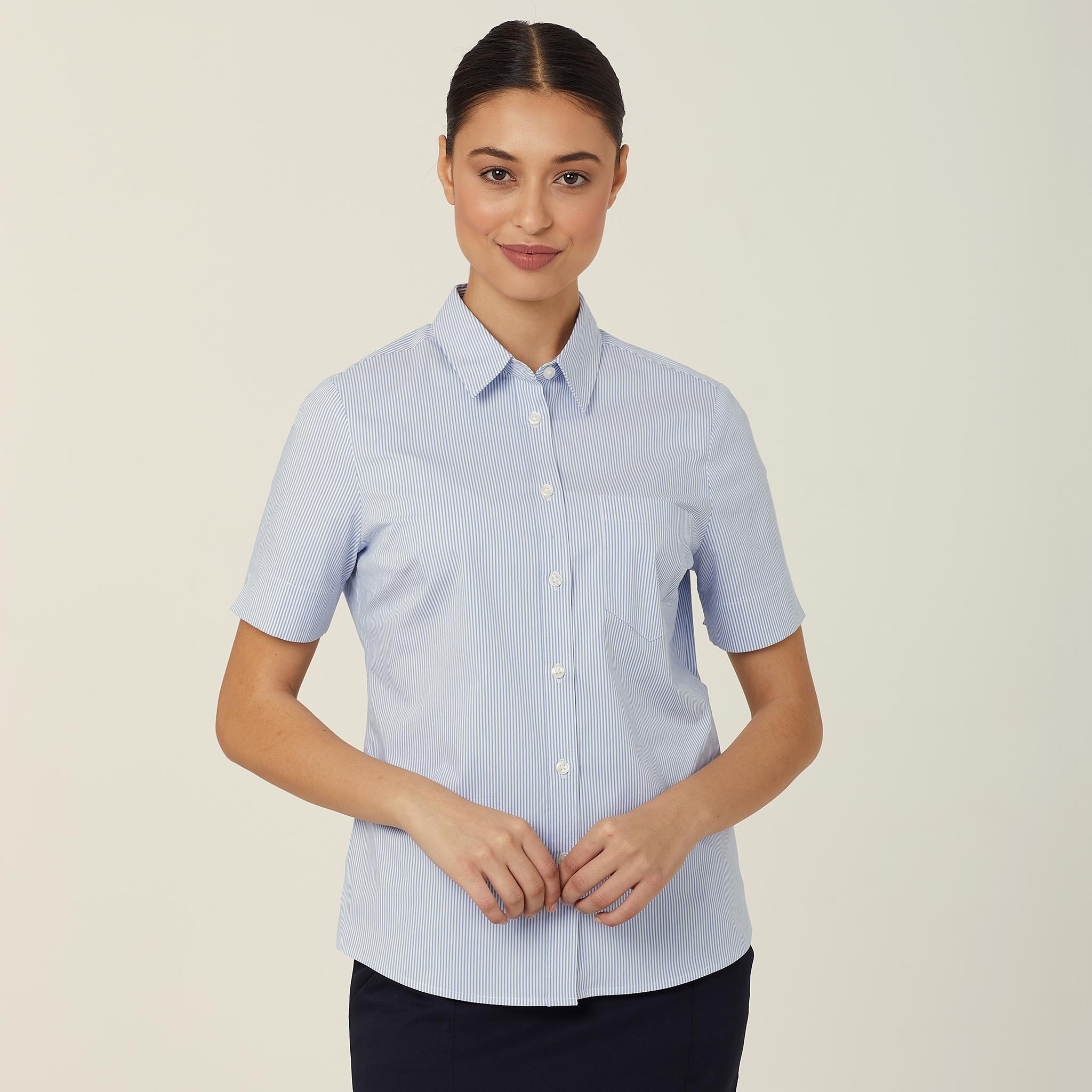 Avignon Fine Block Stripe Stretch Short Sleeve Shirt, blue | NNT Uniforms