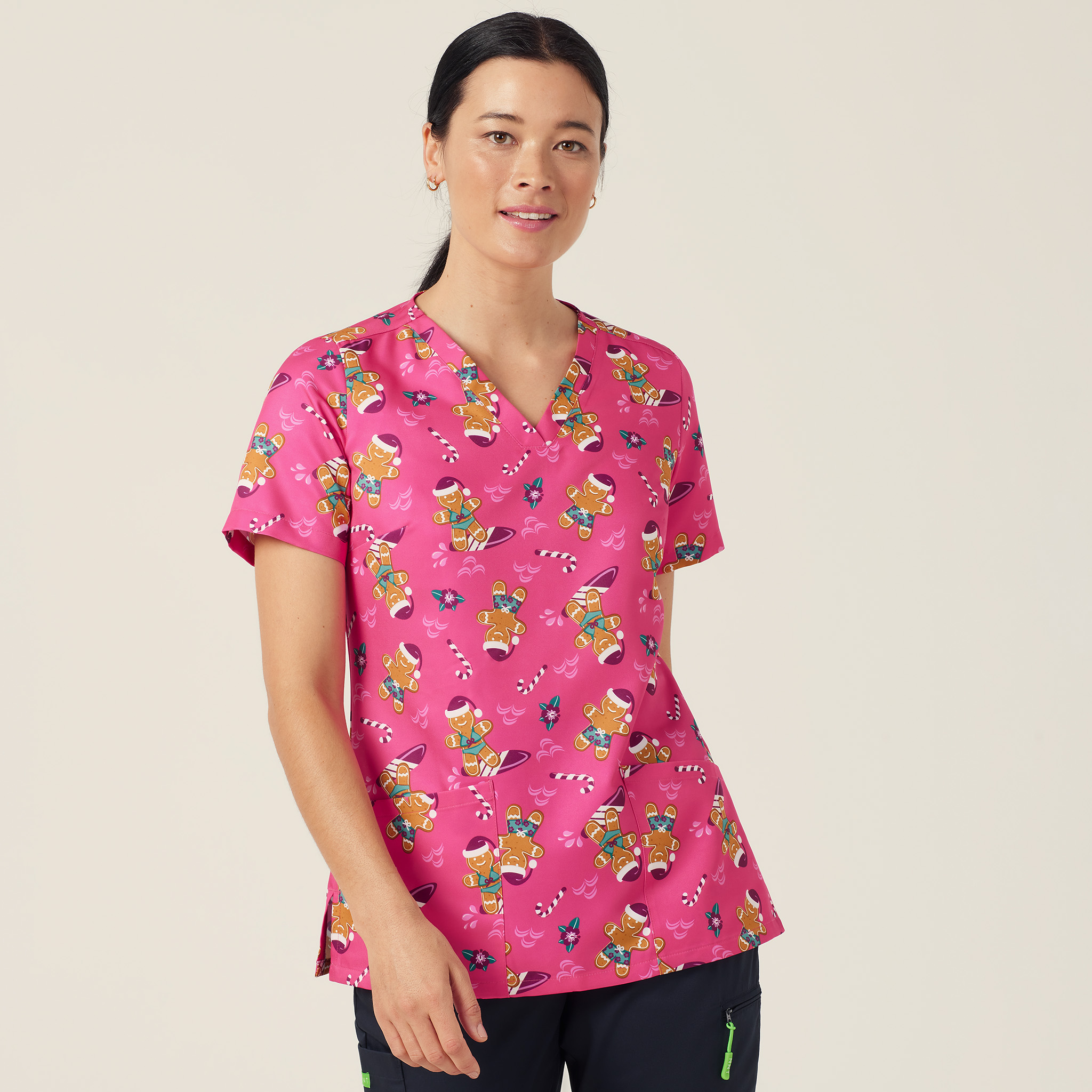 Xmas Gingerbread Surfer Print Scrub Top, pink | NNT Uniforms