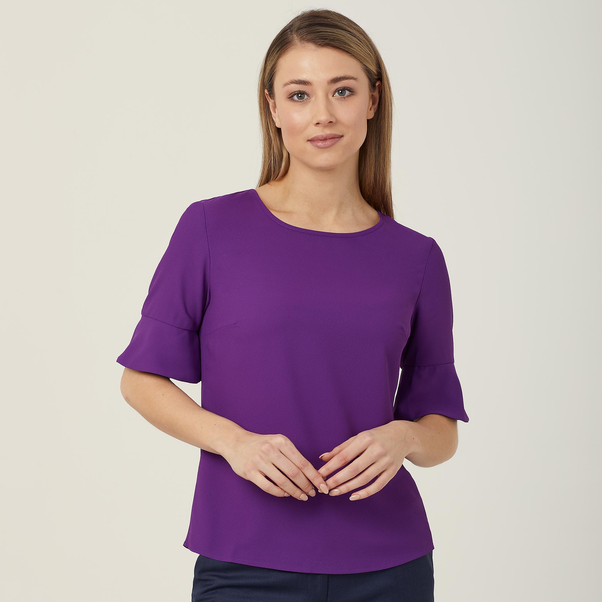 French Georgette Fluted Sleeve Top, purple | NNT Uniforms