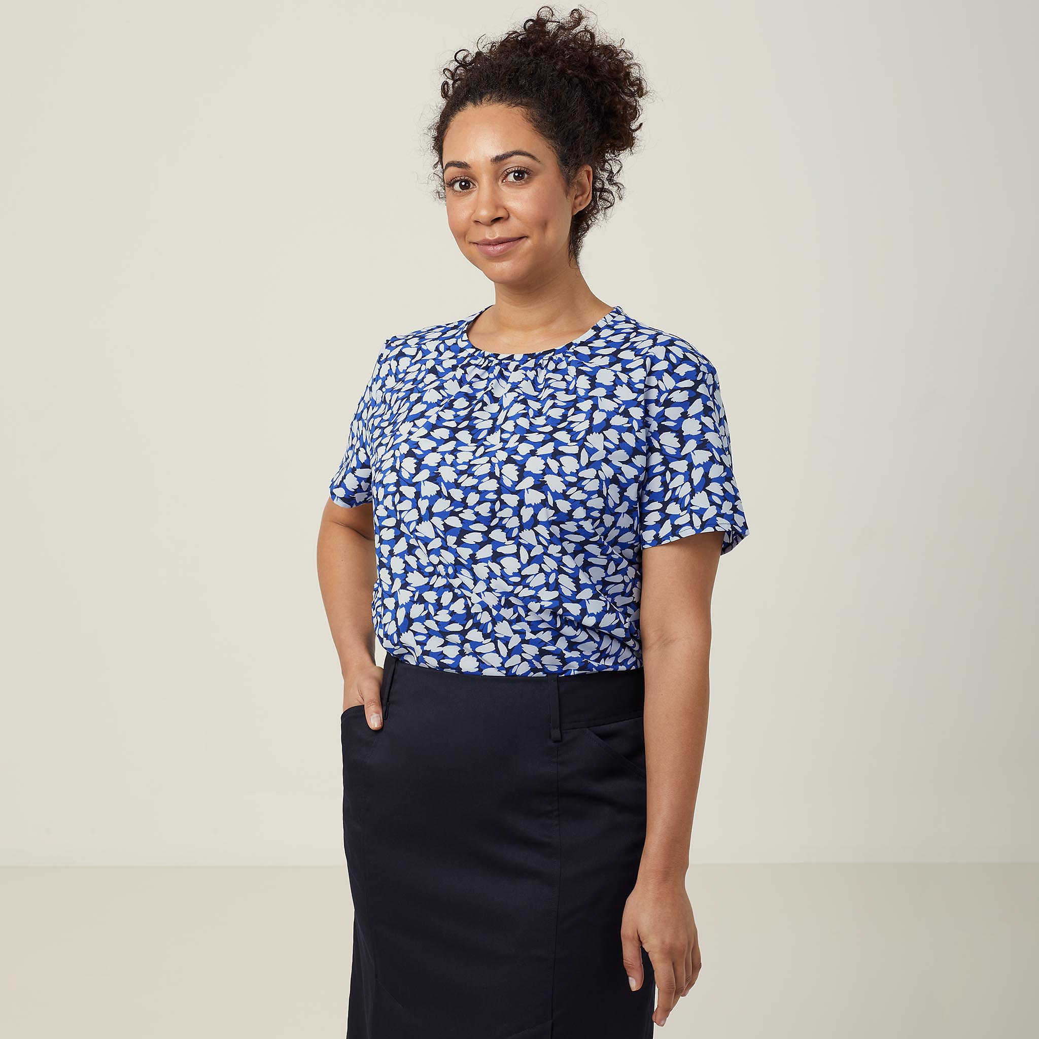 Antibacterial Petal Print Short Sleeve Top, blue | NNT Uniforms
