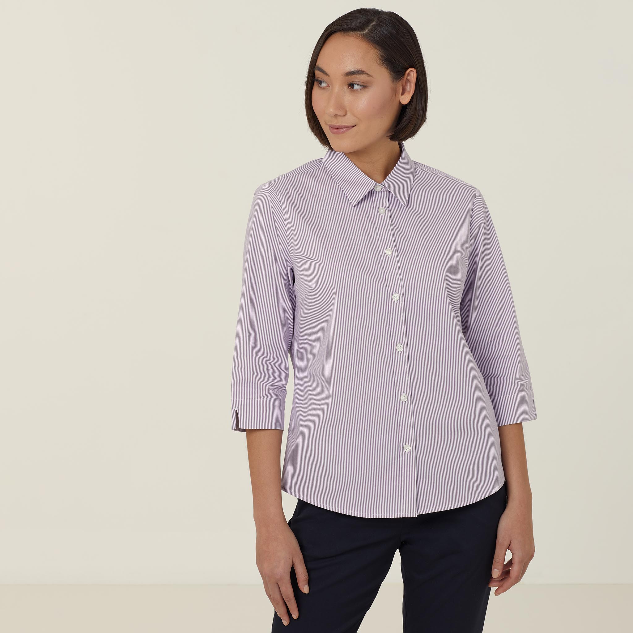 Avignon Fine Block Stripe Stretch 3/4 Sleeve Shirt, purple | NNT Uniforms